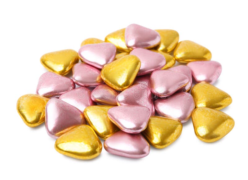 Many Delicious Heart Shaped Candies on White Background Stock Photo ...