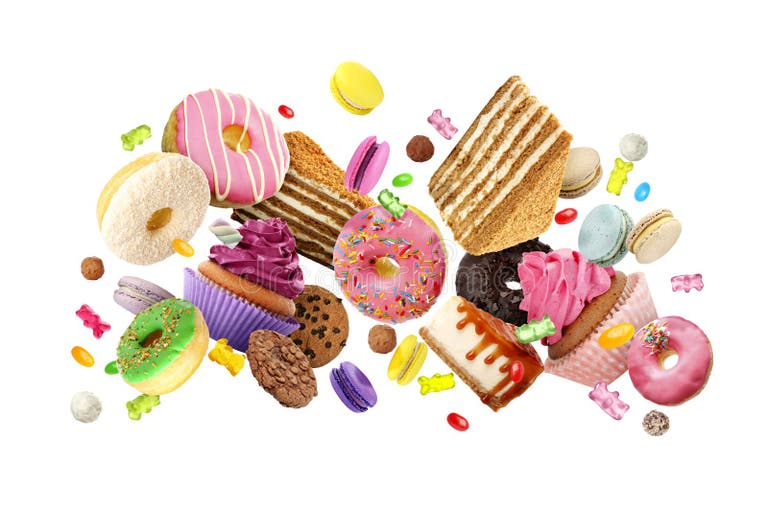 Many Delicious Sweets Falling on White Background Stock Photo - Image ...