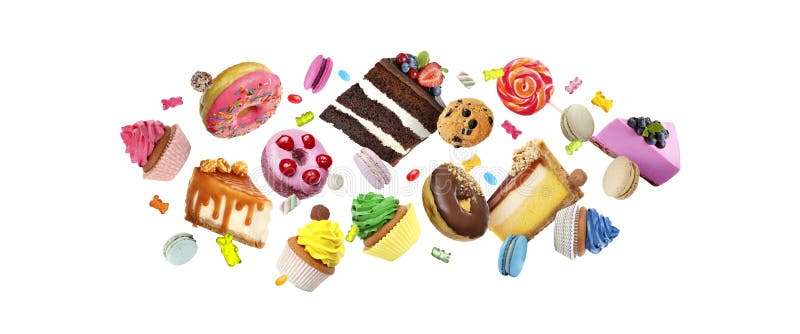 Many Delicious Sweets Flying on White Background Stock Image - Image of ...
