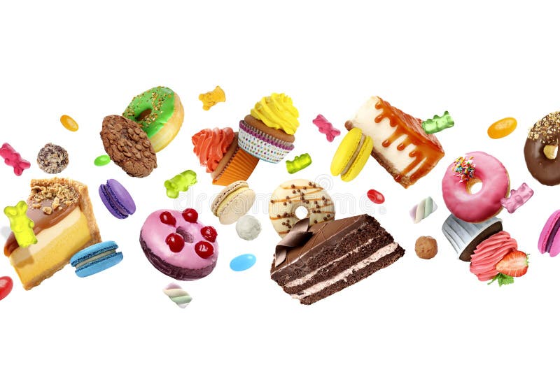 Many Delicious Sweets Flying on White Background Stock Image - Image of ...