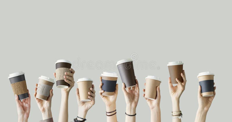 Many Different Arms Raised Up Holding Coffee Cup Stock Photo - Image of ...