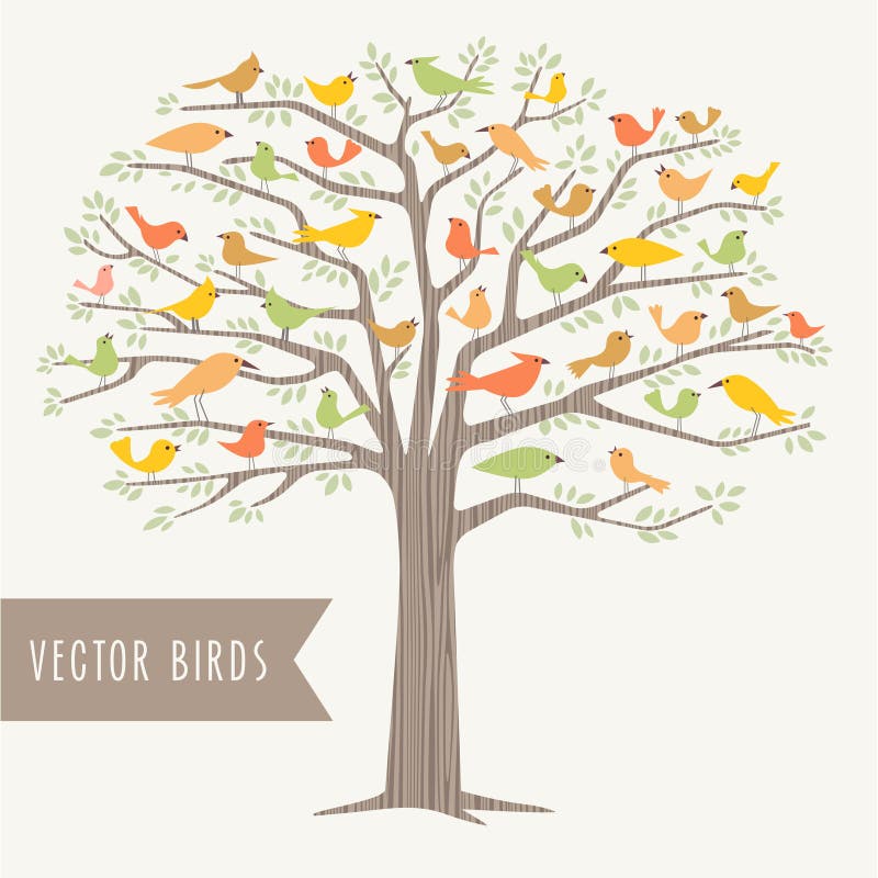 Many Different Birds in a Tree at Springtime Stock Vector ...