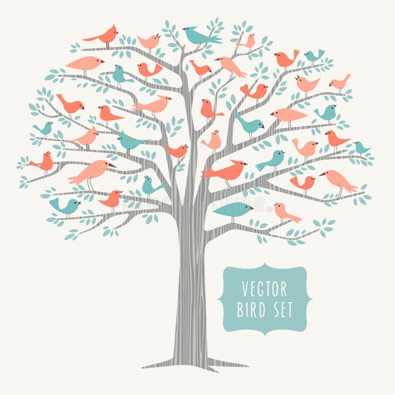 Many Different Birds in a Tree at Springtime Stock Vector ...
