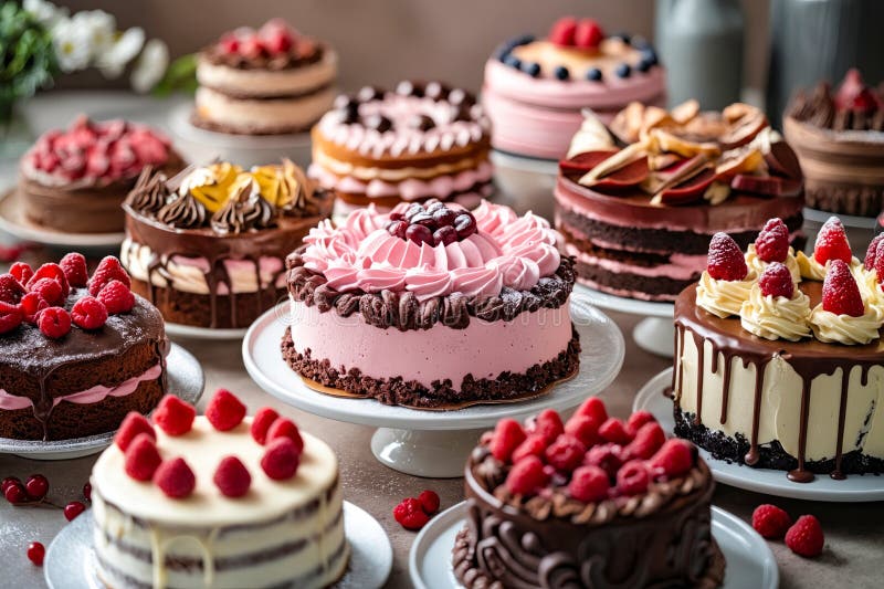 Many Different Cakes are on Display on Plates. Generative AI Stock ...
