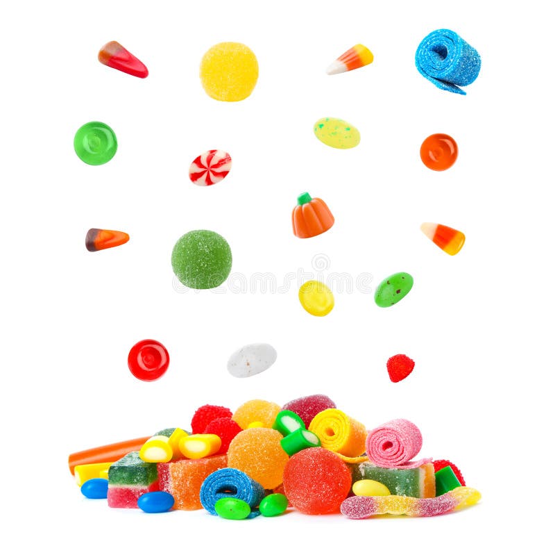 Many Different Candies Falling into Pile on White Stock Photo - Image ...
