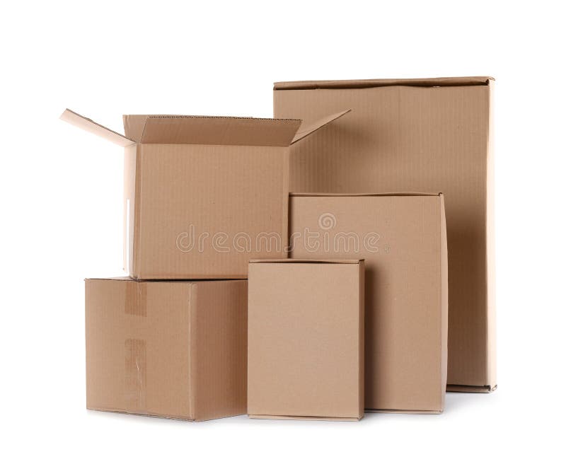 Many Different Cardboard Boxes Isolated on White Stock Image - Image of ...