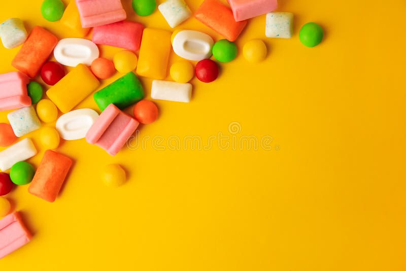 Many Different Chewing Gums on Yellow Background, Flat Lay. Space for ...