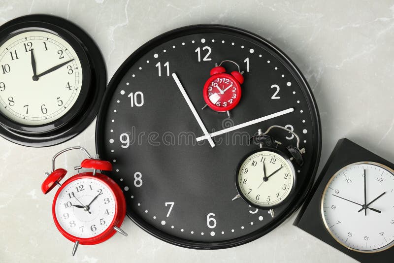 Many Different Clocks, Top View. Stock Photo - Image of return, clock ...