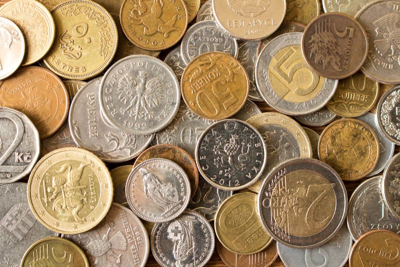 Many Different Coins on the Table. Background of Coins Stock Image ...