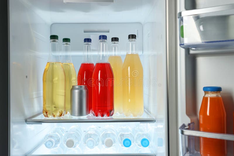 Many Different Cold Drinks in Refrigerator, Closeup Stock Image - Image ...