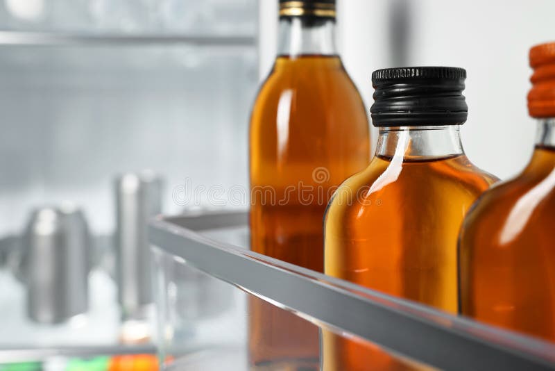 Many Different Cold Drinks in Refrigerator, Closeup. Space for Text ...
