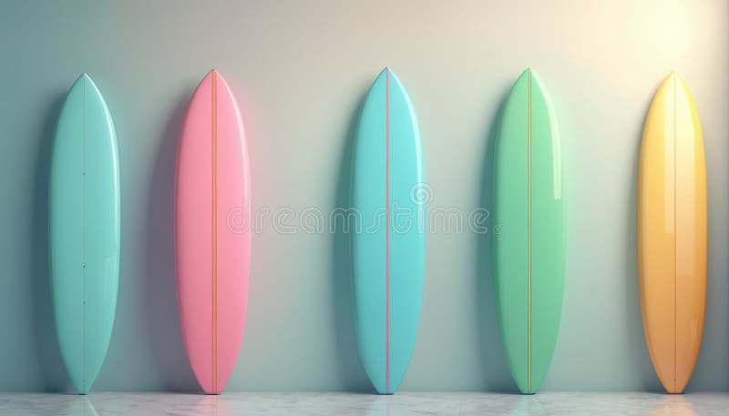 Many Different Colored Surfboards Standing in a Row on a Wooden Wall ...