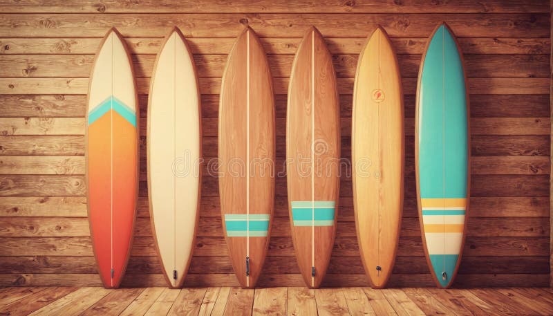 Many Different Colored Surfboards Standing in a Row on a Wooden Wall ...