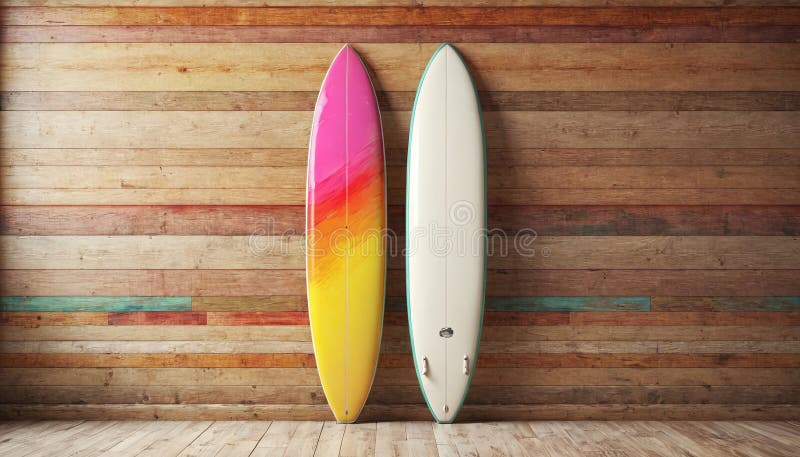 Many Different Colored Surfboards Standing in a Row on a Wooden Wall ...