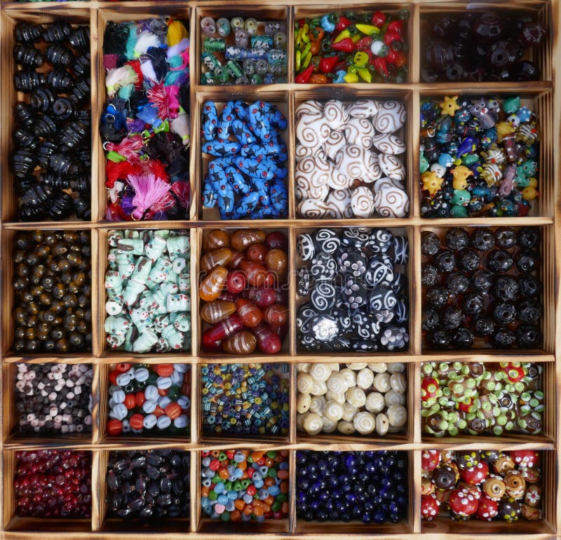 Many Different, Colorful Glass Beads, Sorted in a Wooden Box. Stock ...