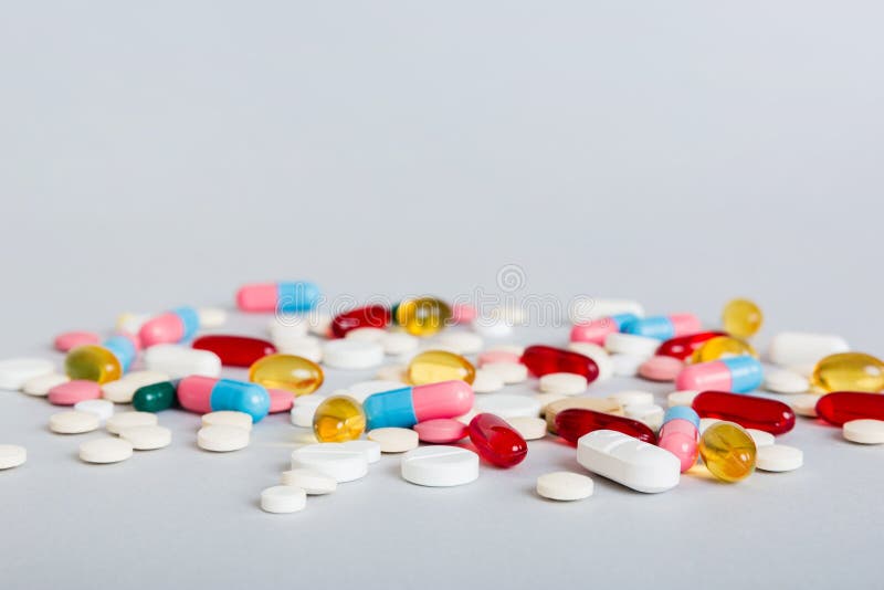 Many Different Colorful Medication and Pills Perspective View. Set of ...