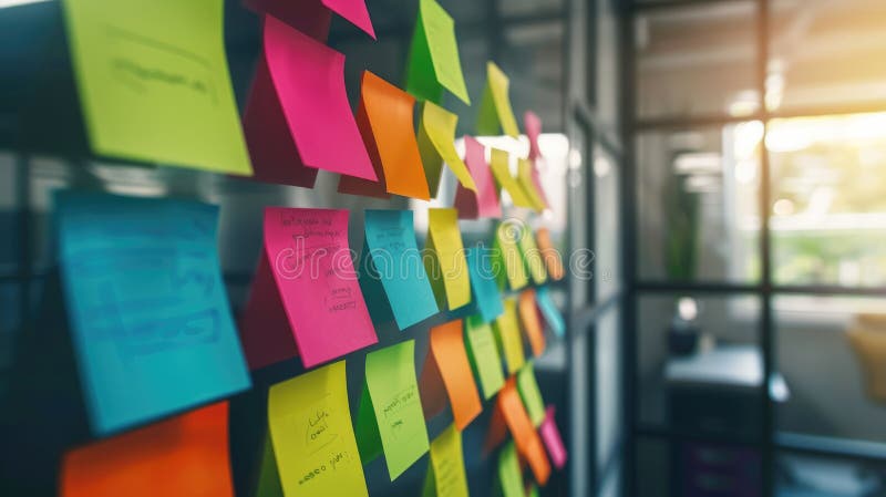 Many Different Colorful Sticky Notes on Wall in Office. Office Work or ...