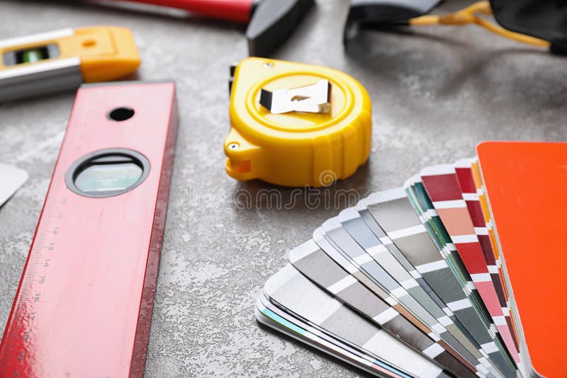 Many Different Construction Tools on Marble Table Stock Photo - Image ...