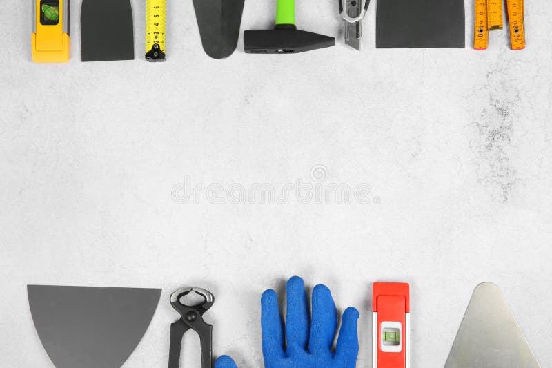 Many Different Construction Tools on Light Textured Table, Flat Lay ...