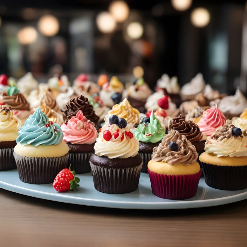 Many Different Cupcakes with Decorations and Toppings in a Pastry Shop ...