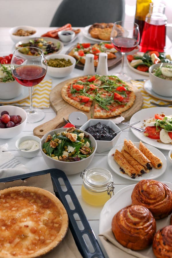 Many Different Dishes Served on Buffet Table for Brunch Stock Photo ...