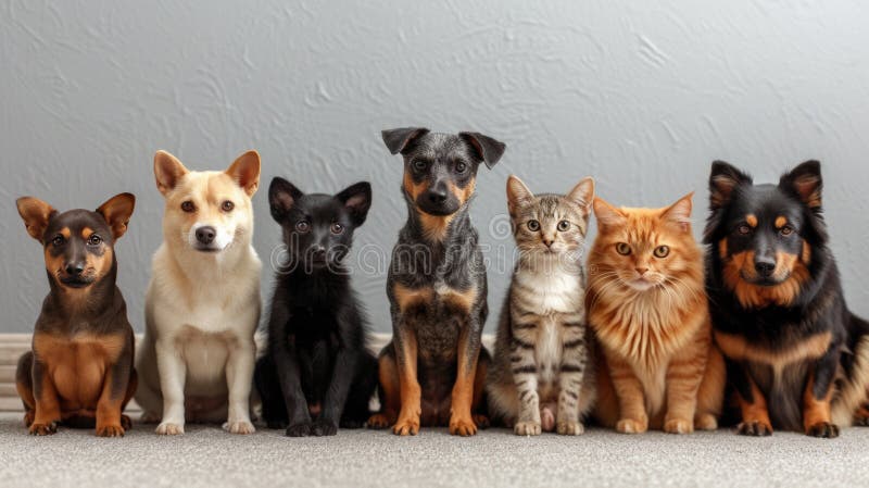 Many Different Dogs and Cats Sit in a Row and Look at the Camera Stock ...
