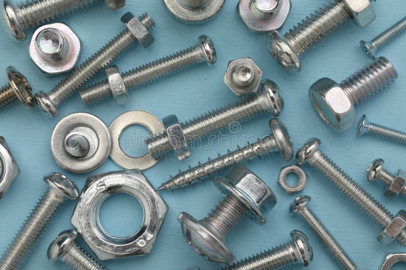 Many Different Fasteners on Light Blue Background, Flat Lay Stock Image ...