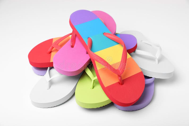 Many Different Flip Flops on White Background Stock Image - Image of ...