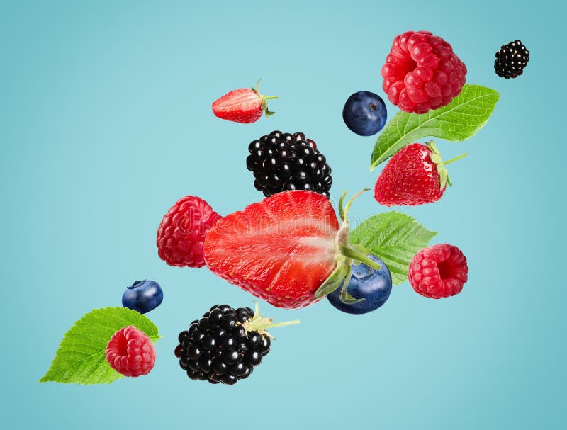 Many Different Fresh Berries Falling on Light Blue Background Stock ...
