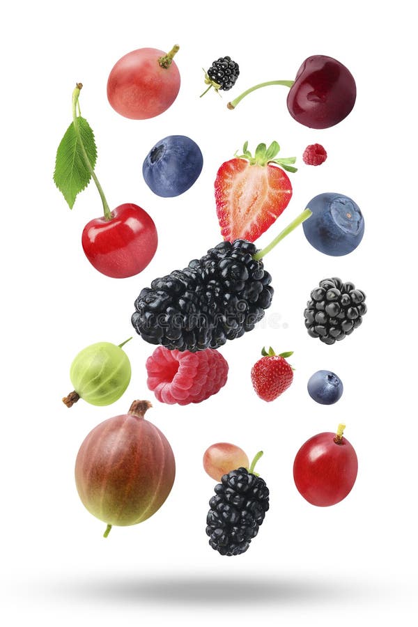 Many Different Fresh Berries Falling on White Background Stock Image ...