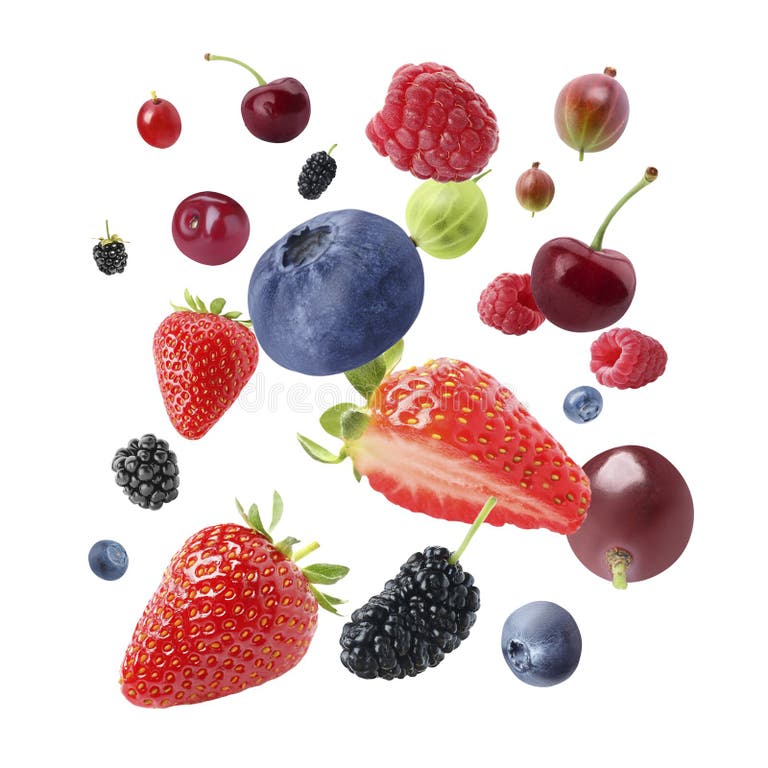 Many Different Fresh Berries Falling on White Background Stock Photo ...