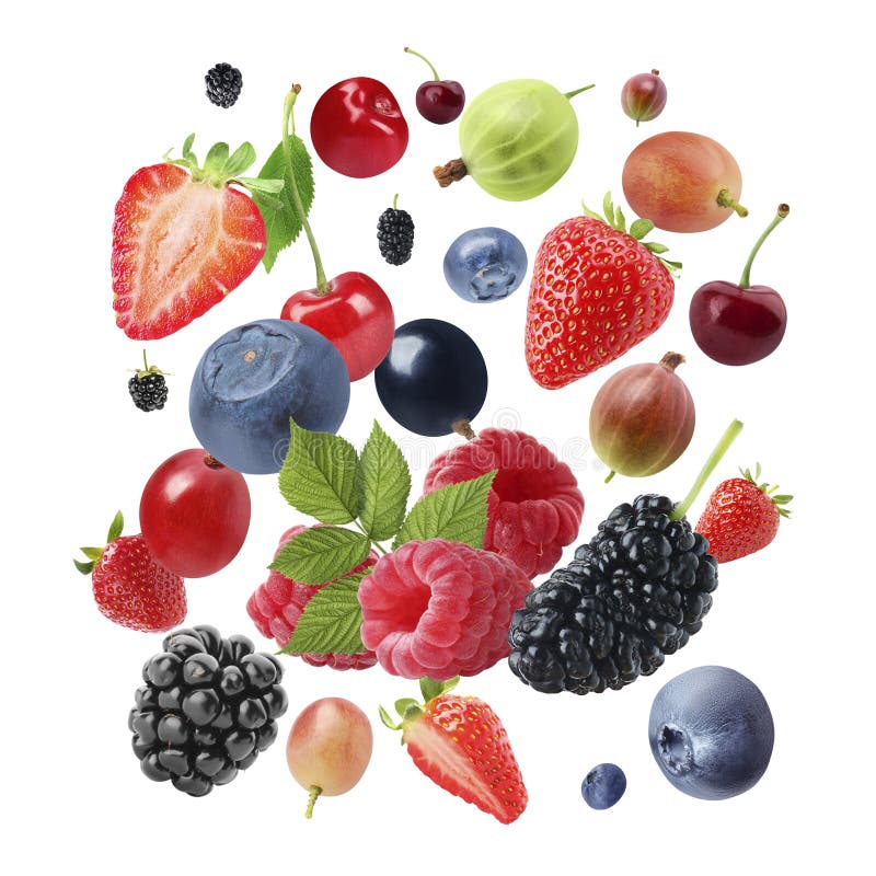 Many Different Fresh Berries Falling on White Background Stock Photo ...