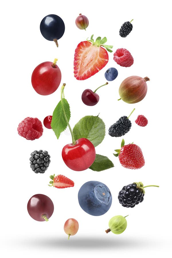 Many Different Fresh Berries Falling on White Background Stock Photo ...