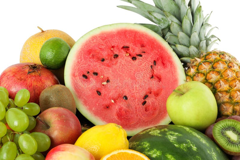 Many Different Fresh Fruits Isolated on White Stock Photo - Image of ...