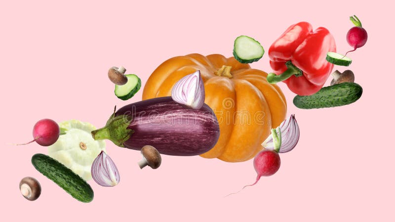 Many Different Fresh Vegetables Falling on Pastel Pink Background Stock ...