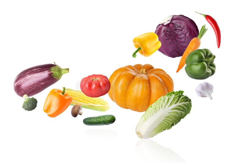 Many Different Fresh Vegetables Falling on White Background Stock Image ...