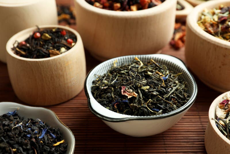 Many Different Herbal Teas on Bamboo Mat Stock Image - Image of petals ...