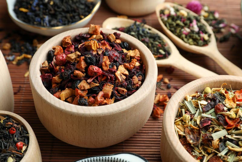 Many Different Herbal Teas on Bamboo Mat Stock Photo - Image of organic ...