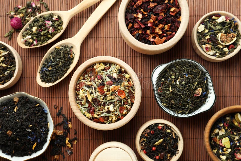 Many Different Herbal Teas on Bamboo Mat, Flat Lay Stock Image - Image ...