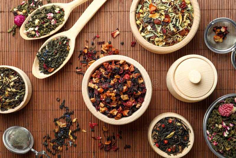 Many Different Herbal Teas on Bamboo Mat, Flat Lay Stock Image - Image ...