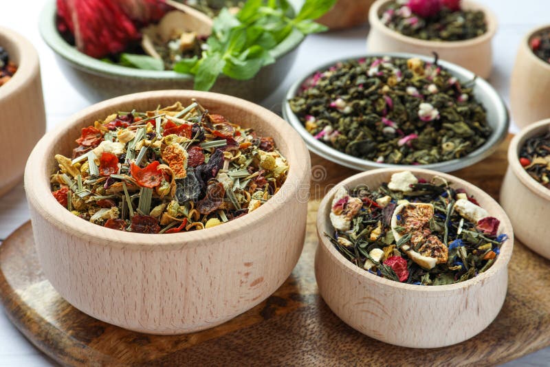 Many Different Herbal Teas in Bowls on Table, Closeup Stock Photo ...