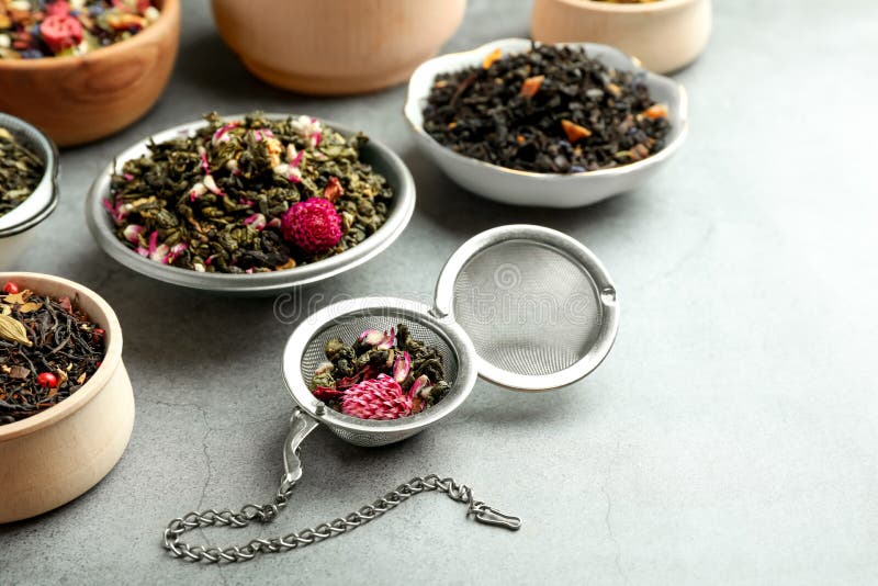 Many Different Herbal Teas on Grey Table Stock Photo - Image of herb ...