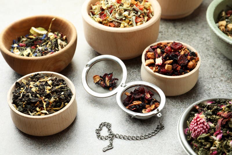 Many Different Herbal Teas on Grey Table Stock Photo - Image of bowls ...