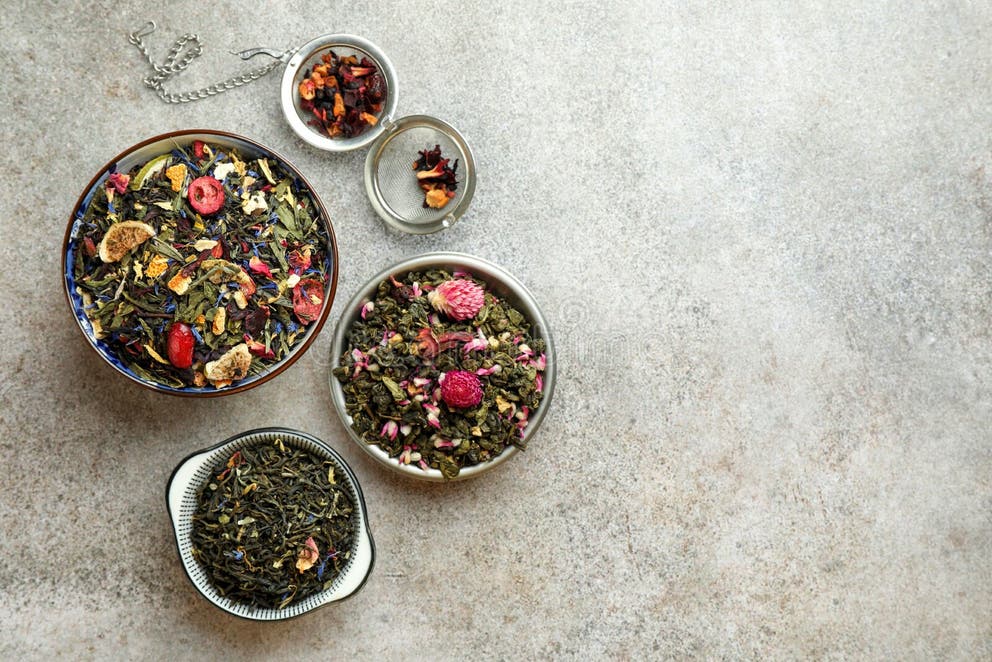 Many Different Herbal Teas on Grey Table, Flat Lay. Space for Text ...