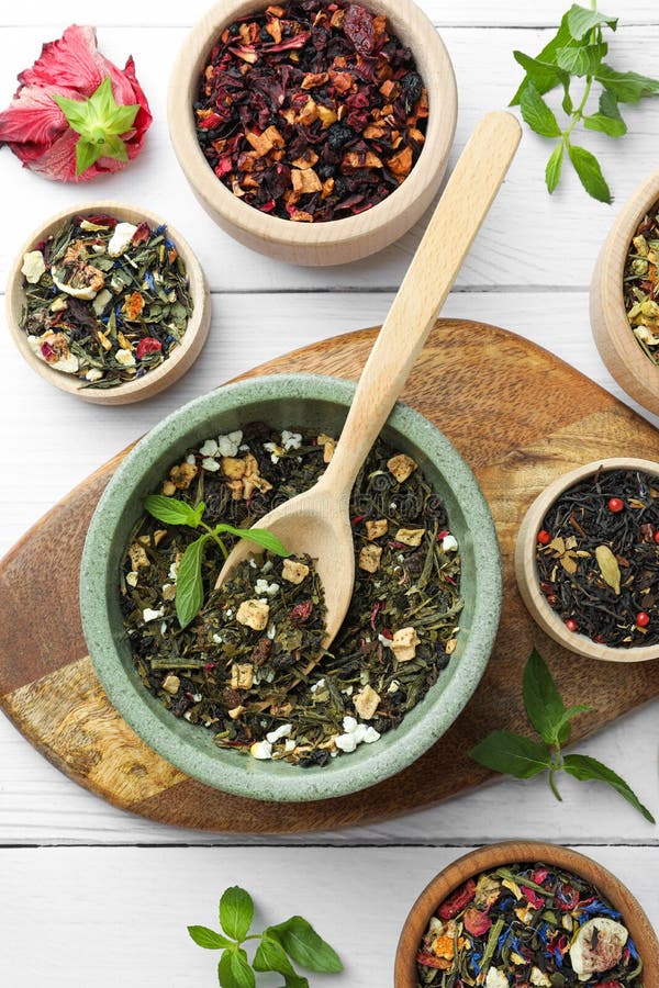 Many Different Herbal Teas on White Wooden Table, Flat Lay Stock Image ...