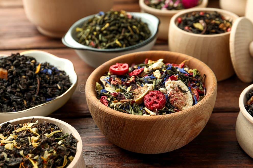 Many Different Herbal Teas on Wooden Table Stock Image - Image of aroma ...