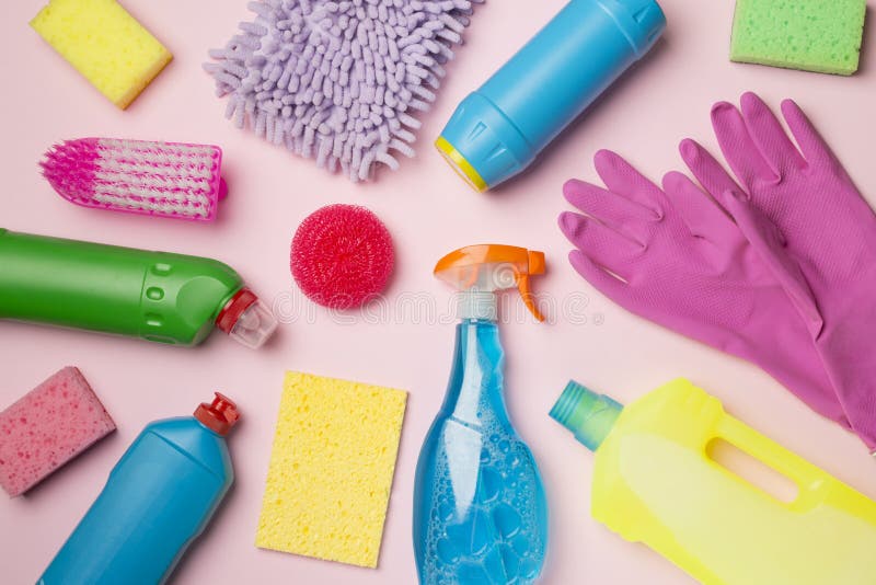 Many Different House Cleaning Products on Color Background, Top View ...