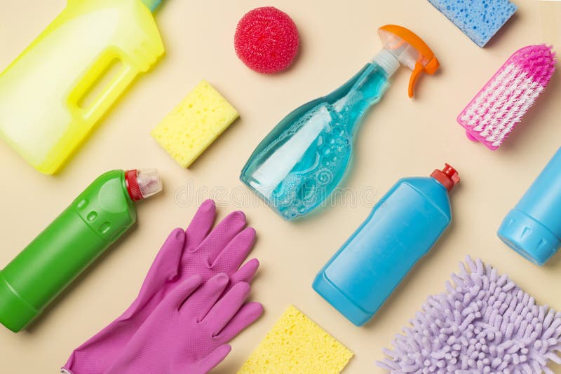 Many Different House Cleaning Products on Color Background, Top View ...