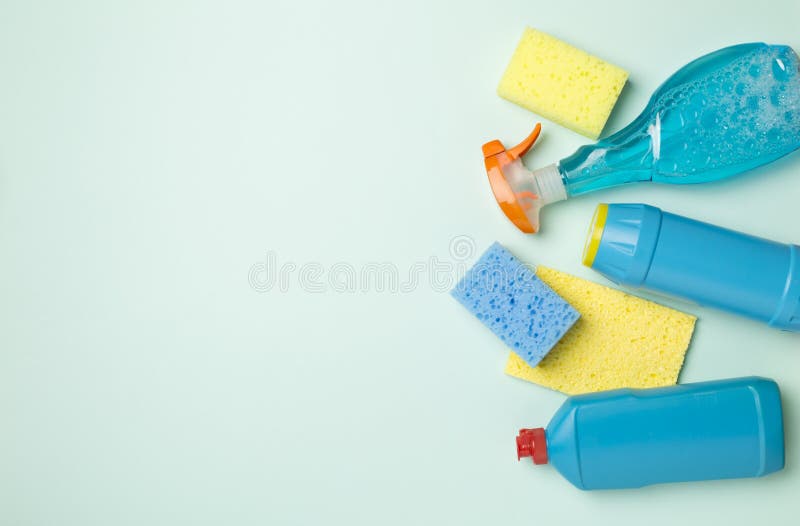 Many Different House Cleaning Products on Color Background, Top View ...