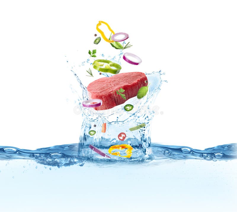 Many Ingredients Falling Water with Splashes. Soup Recipe Stock Photo ...
